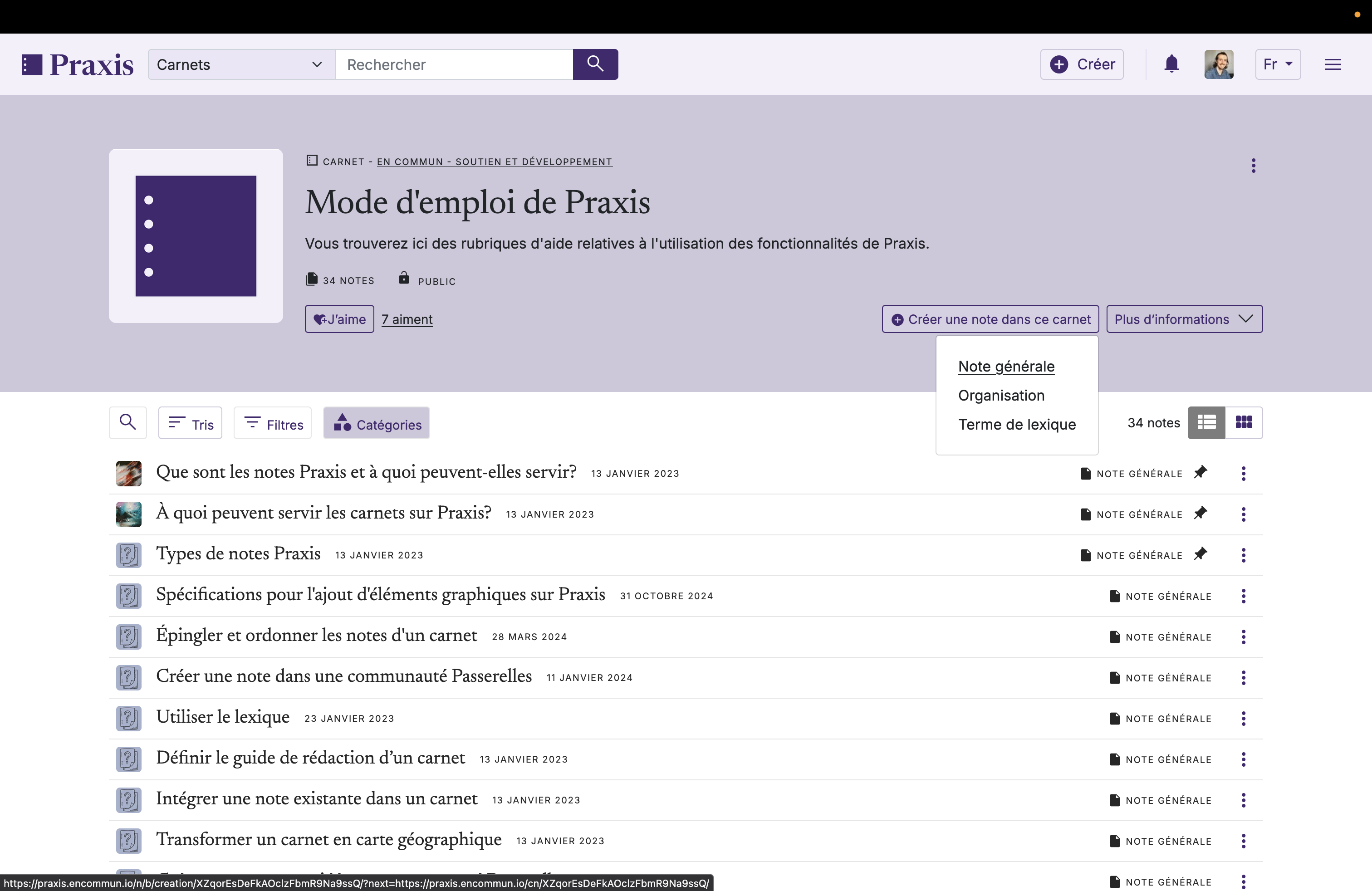 Comment créer une note dans Praxis